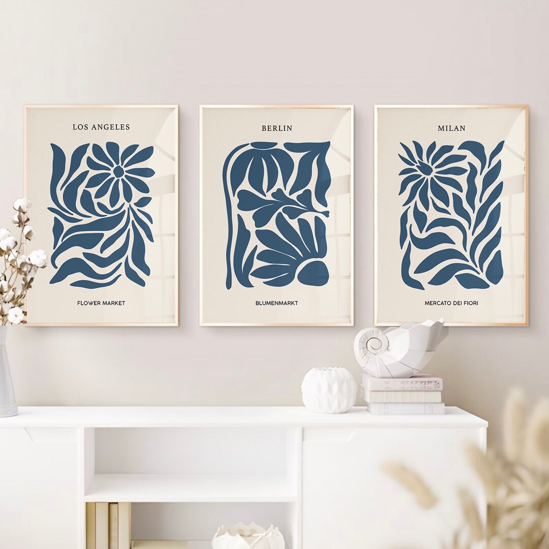 French Navy Prints, 3 Set, Flower Market Prints, Navy Wall Art, Cream ...