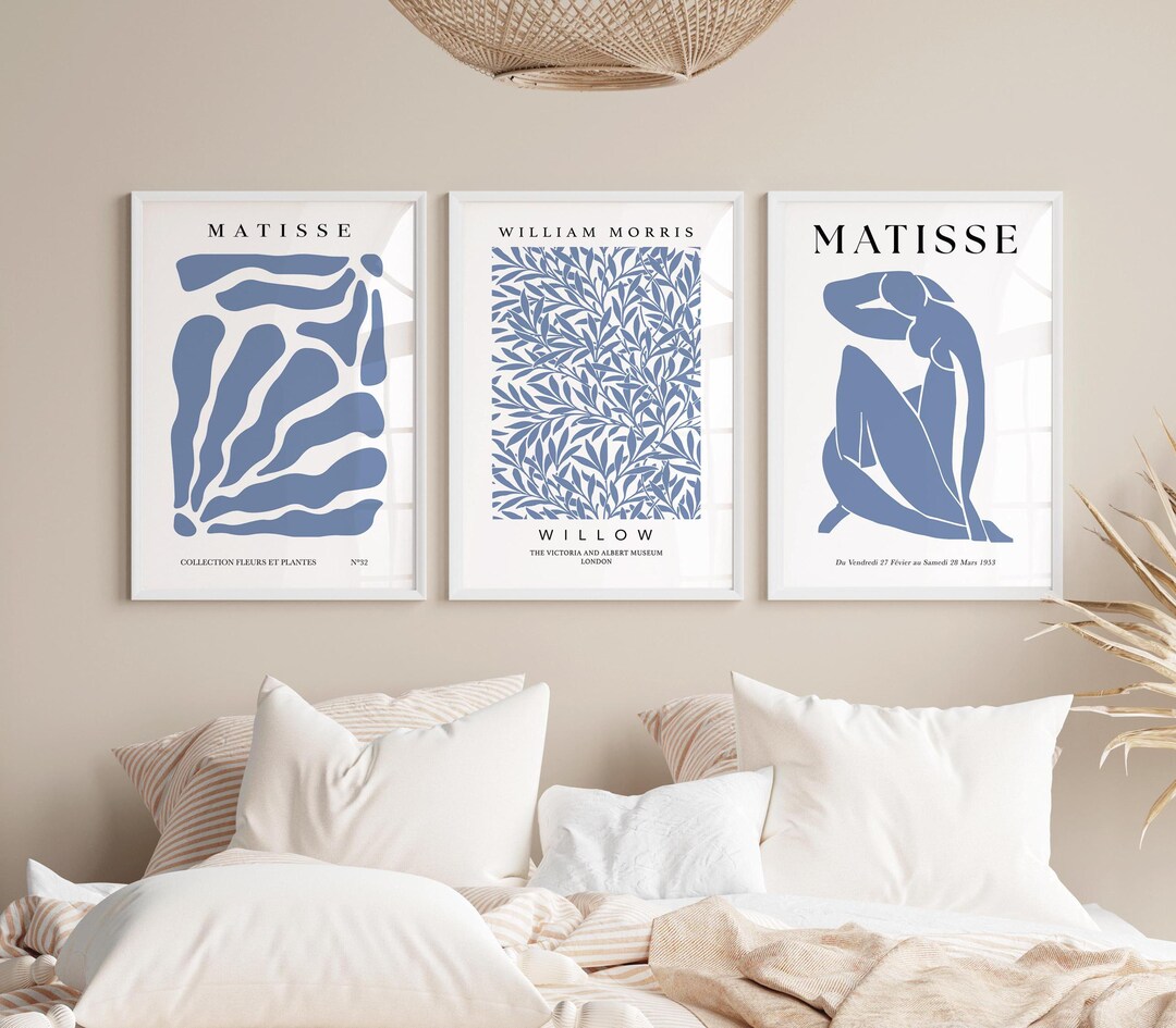 Dark Blue Prints, Set of 3, Matisse, William Morris, Blue Wall Decor ...