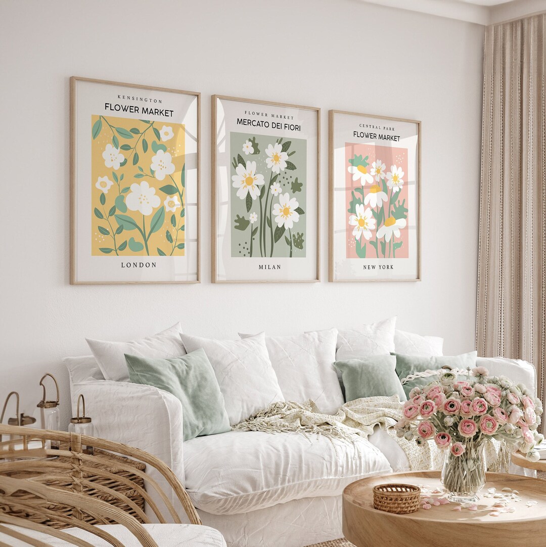 Pastel Flower Market Prints, Set of 3, Floral Wall Art, Green Prints ...