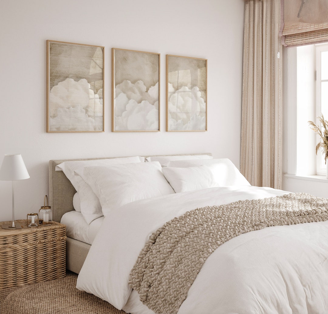 Dreamy Cloud Prints, Set of 3, Beige Wall Art, Above Bed Prints ...