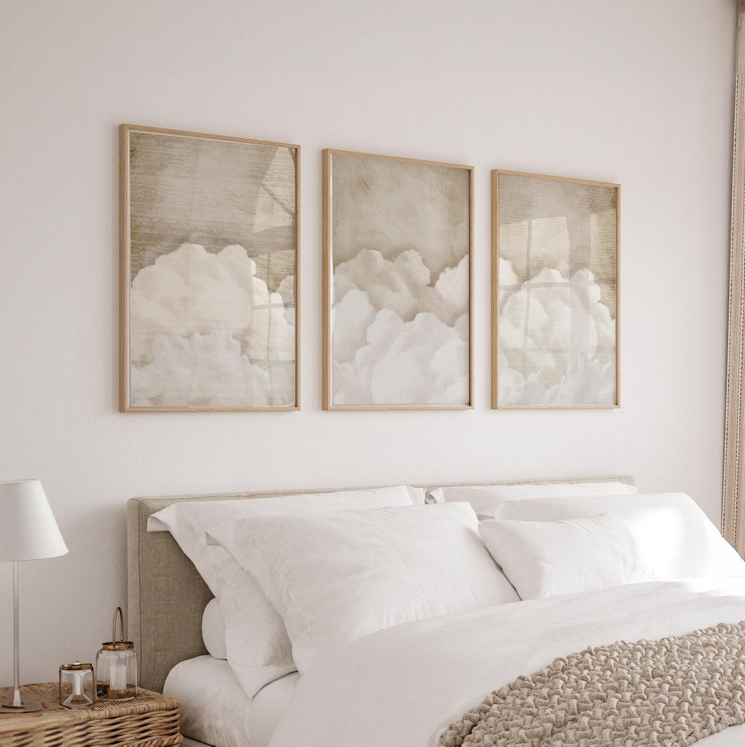 Dreamy Cloud Prints, Set of 3, Beige Wall Art, Above Bed Prints ...