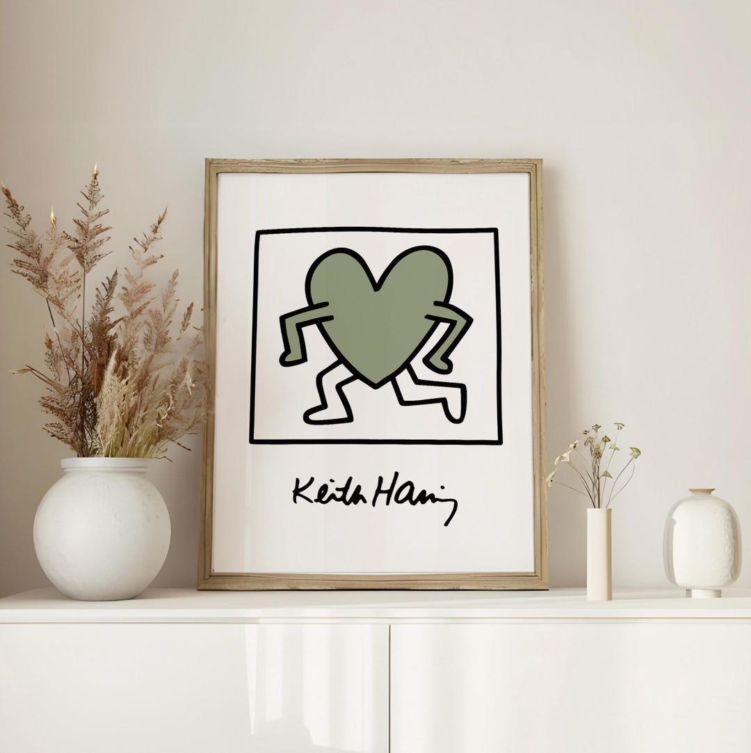 Keith Haring Print, Sage Green Wall Art, Heart Print, K Haring Print ...