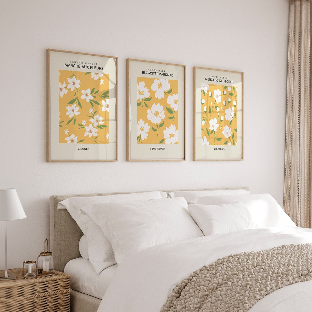 Yellow Floral Prints, 3 Set, Flower Market Prints, Yellow Wall Art ...