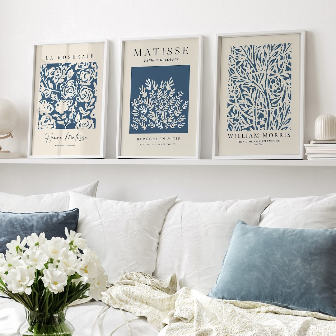 French Navy Prints, Set of 3, Matisse, William Morris, Navy Wall Decor, Blue Wall Art, Botanical ...