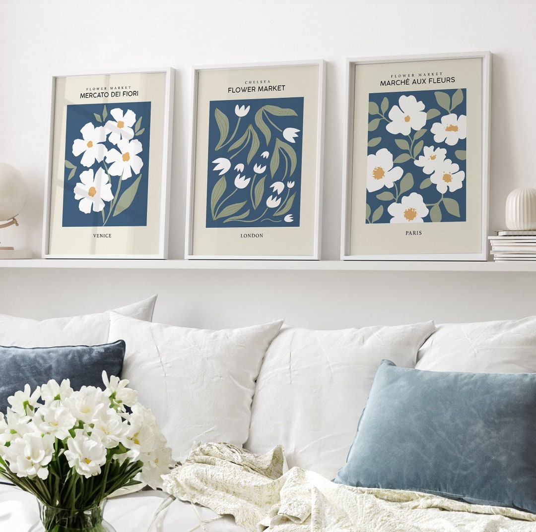 French Navy Prints, 3 Set, Flower Market Prints, Navy Wall Art, Cream ...