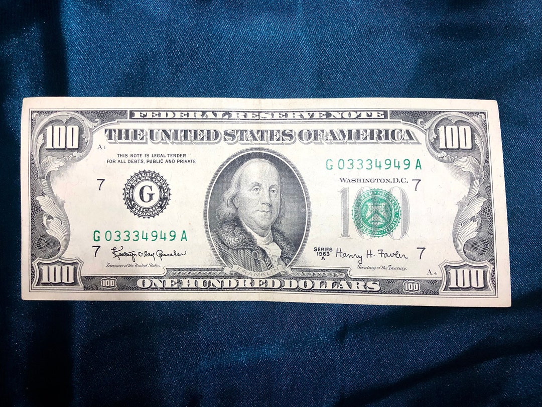 1963 100 Dollar Bill Unique Federal Reserve Note Serial No. G03334949A Series 1963A Has the ...