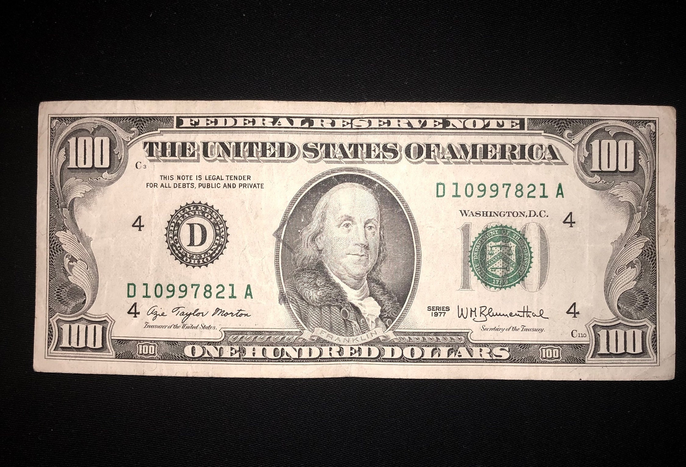 1977 100 Dollar Bill Federal Reserve Note Serial No. D10997821 A - Etsy