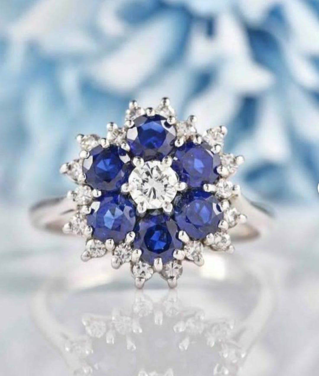 Blue Sapphire Engagement Ring: Diamond Cluster Flower, Sterling Silver ...