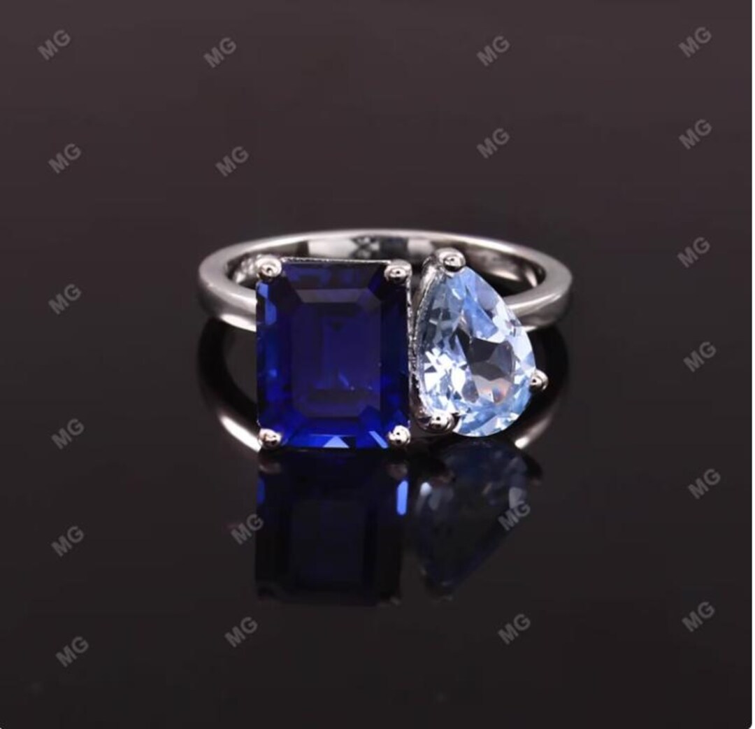 Toi Et Moi Ring Natural Aquamarine Blue Sapphire Engagement Ring Pear ...