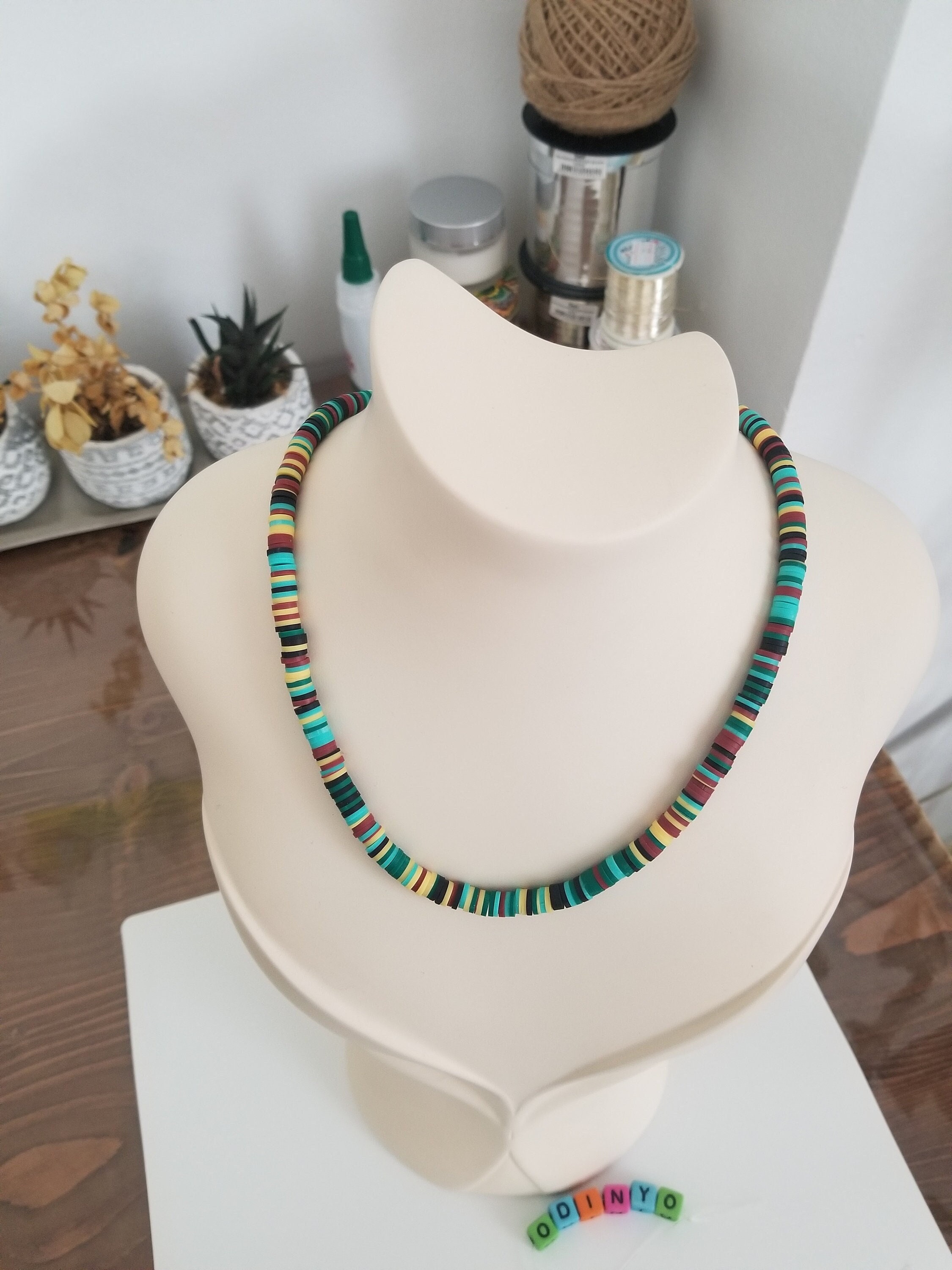 Surfer Necklace With Colorful Heishi Beads, Pastel African Vinyl Disc ...