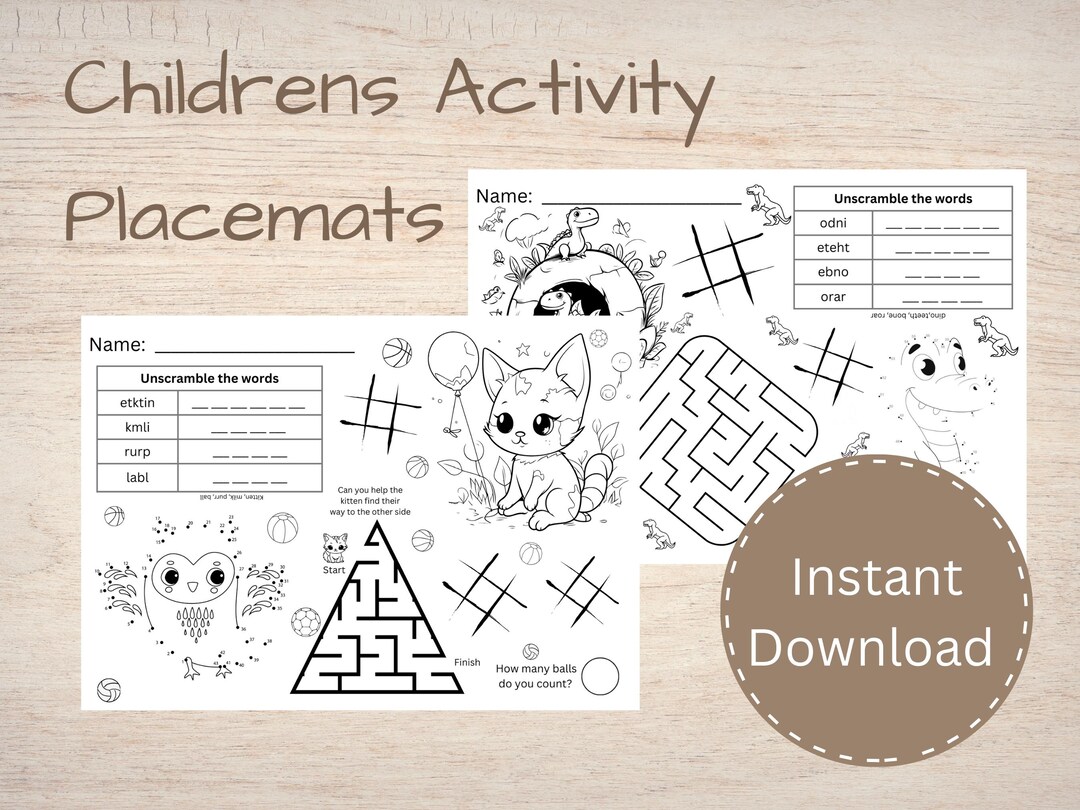 Printable Placemat - Kids Activity Sheets - PDF Printable Activity - Etsy