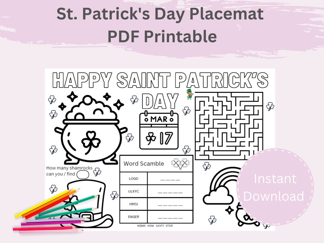 St. Patrick's Day Placemat Kids Activity PDF Pintable - Etsy