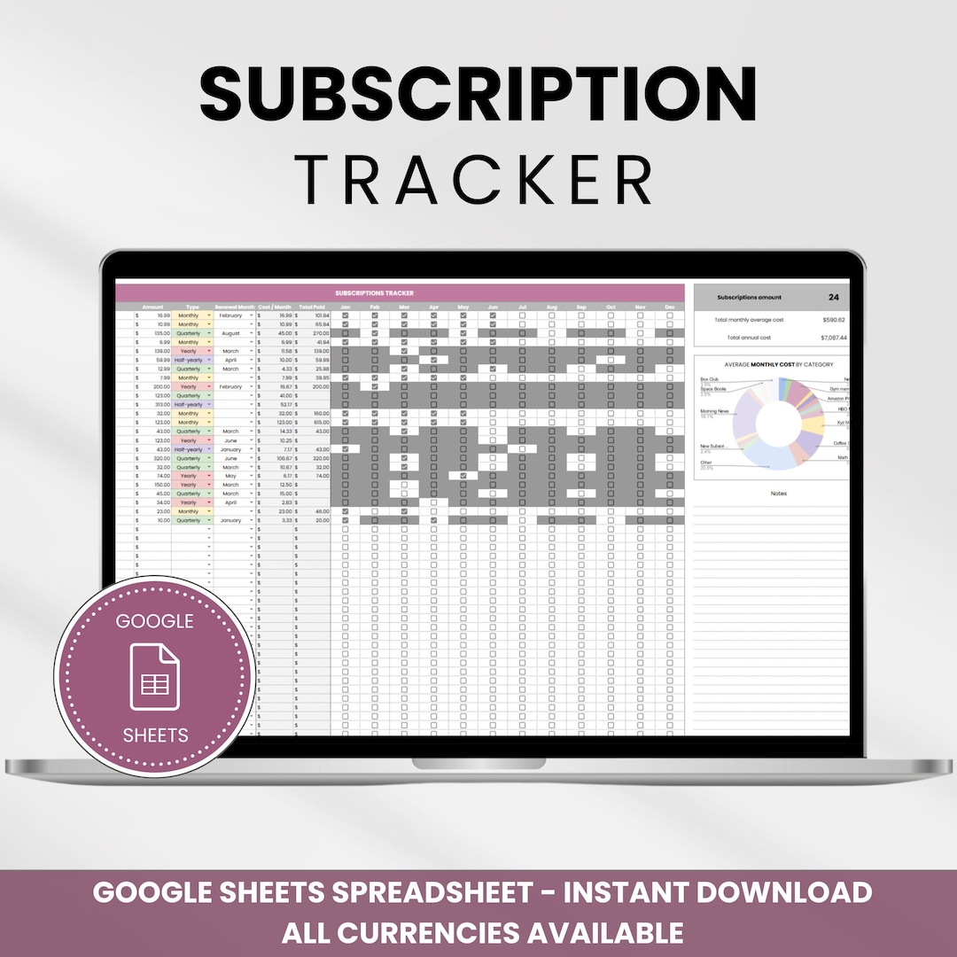 Subscription Tracker Google Sheets, Monthly Subscriptions Spreadsheet ...