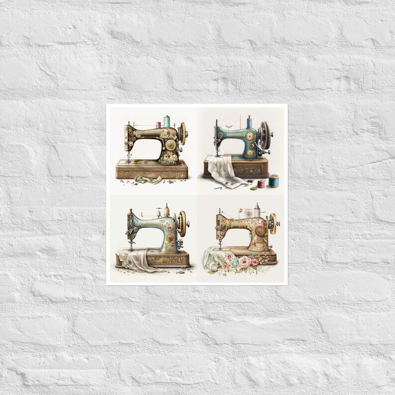 Vintage Sewing Machines Collection of 3 Designs, Floral Patterns, Wall ...