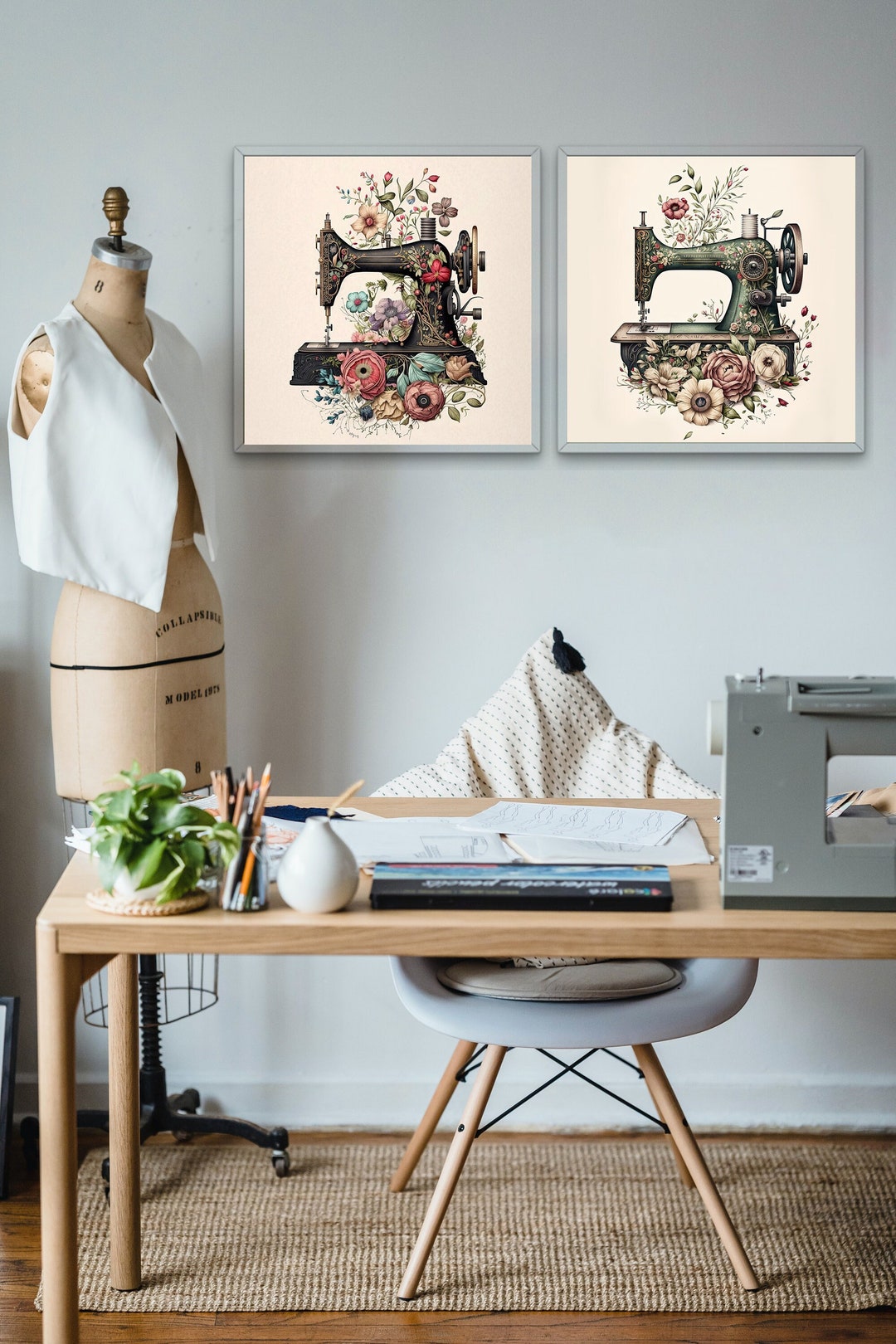 Vintage Sewing Machines Collection of 3 Designs, Floral Patterns, Wall ...