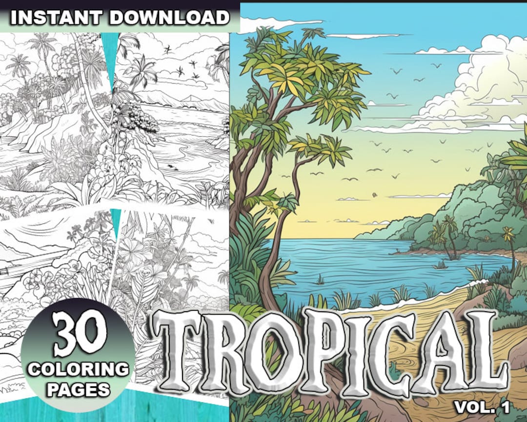 Tropical Coloring Book Vol 1, 30 Pages, Tropical Islands Landscape ...