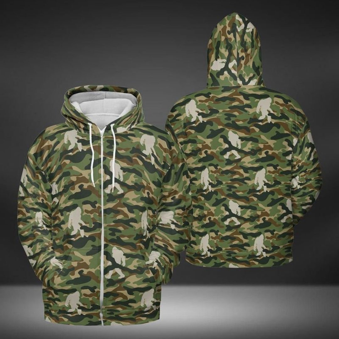Bigfoot Sasquatch Brown and Green Camouflage Patterned Zipper Hoodie ...