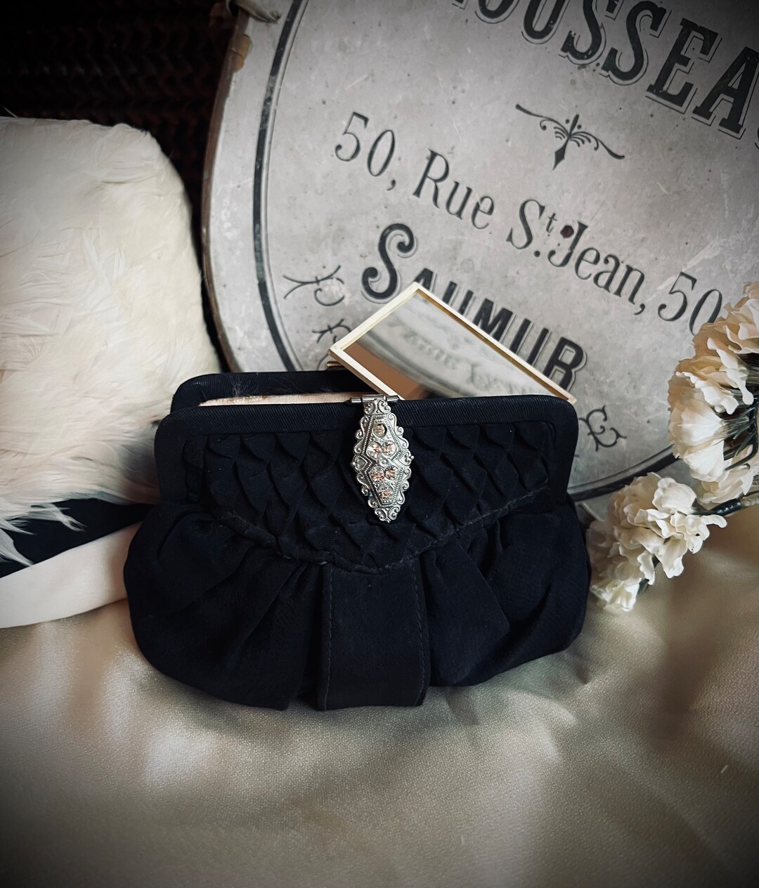 Vintage English Handbag/purse Made of Black Silk With Rhinestones ...