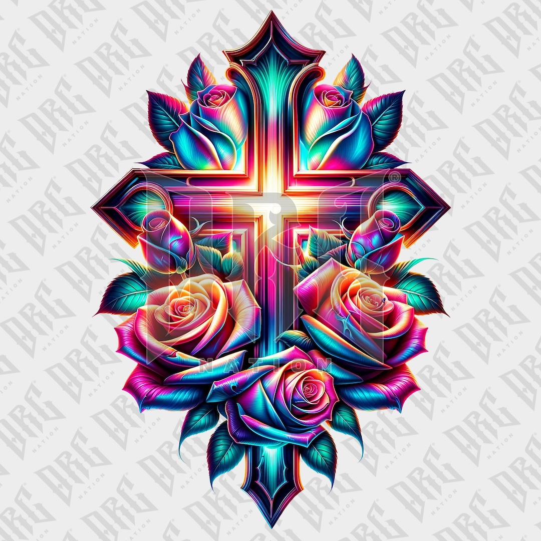 Neon Cross and Roses PNG Illustration - Etsy