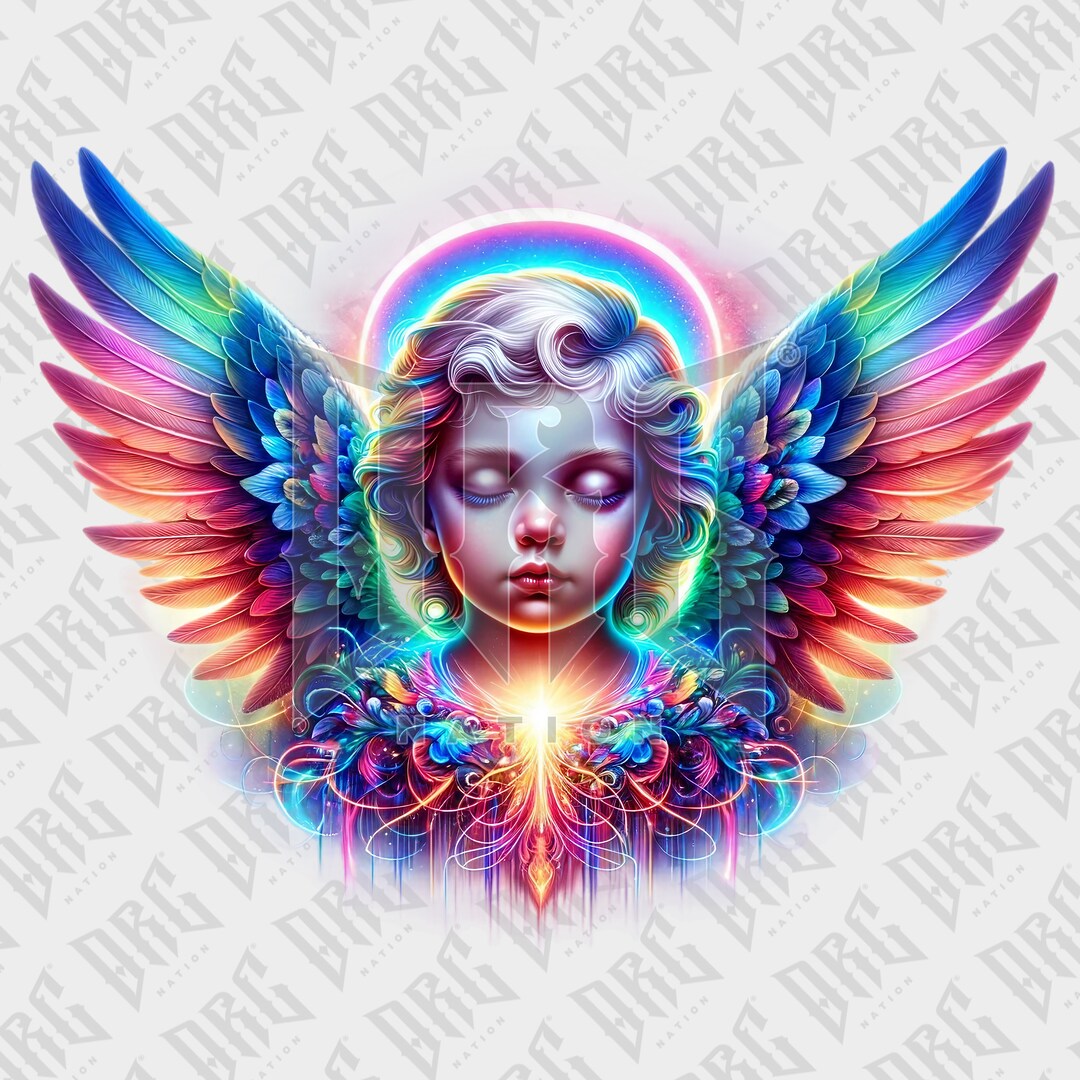 Mystical Angelic Child With Rainbow Wings, Neon Fantasy PNG - Etsy