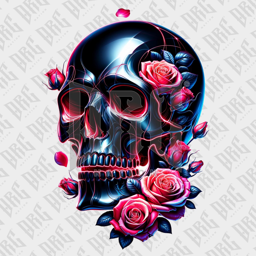 Neon Glow Skull With Roses PNG - Etsy
