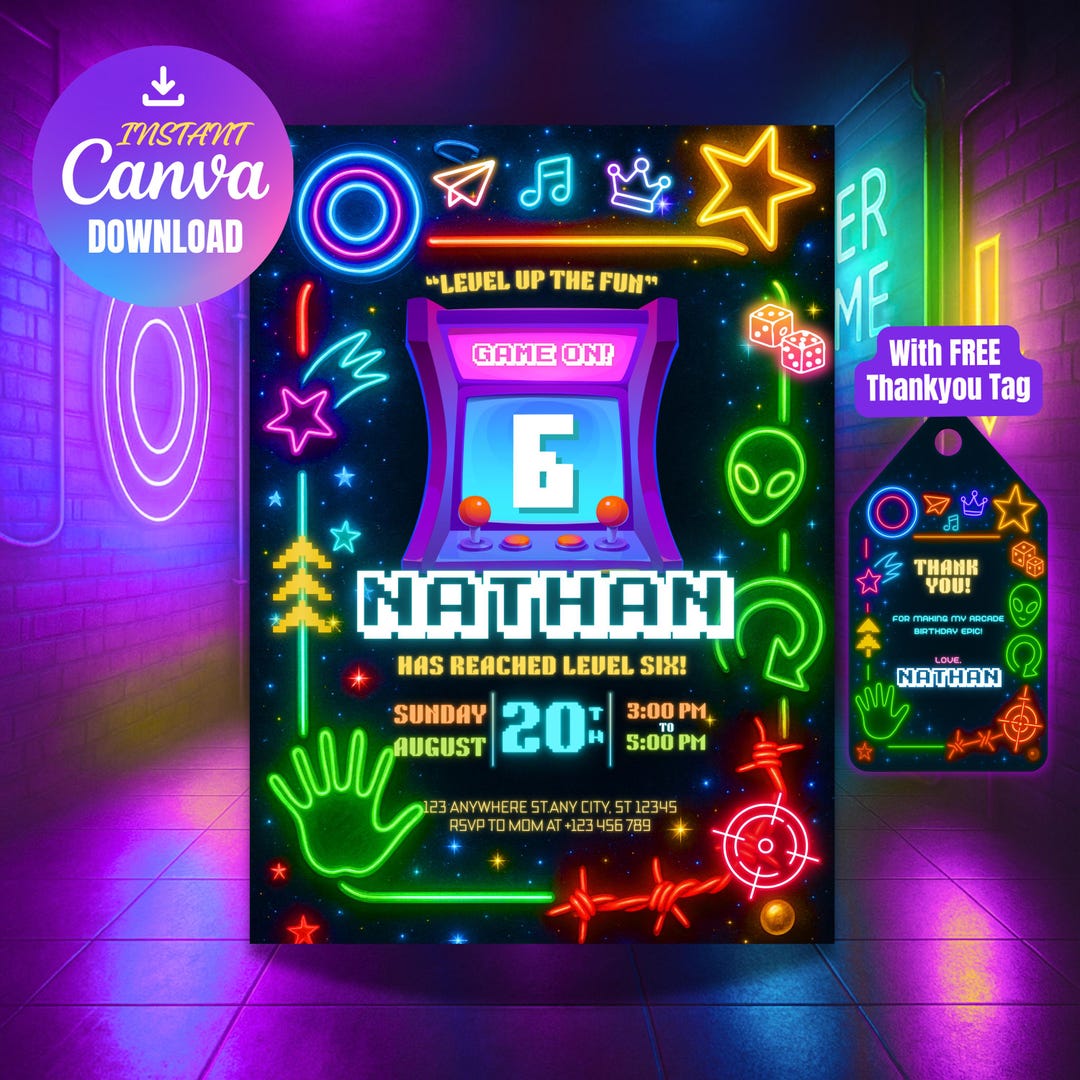 Arcade Party Invitation Template, Arcade Invitation, Neon Glow Invite ...