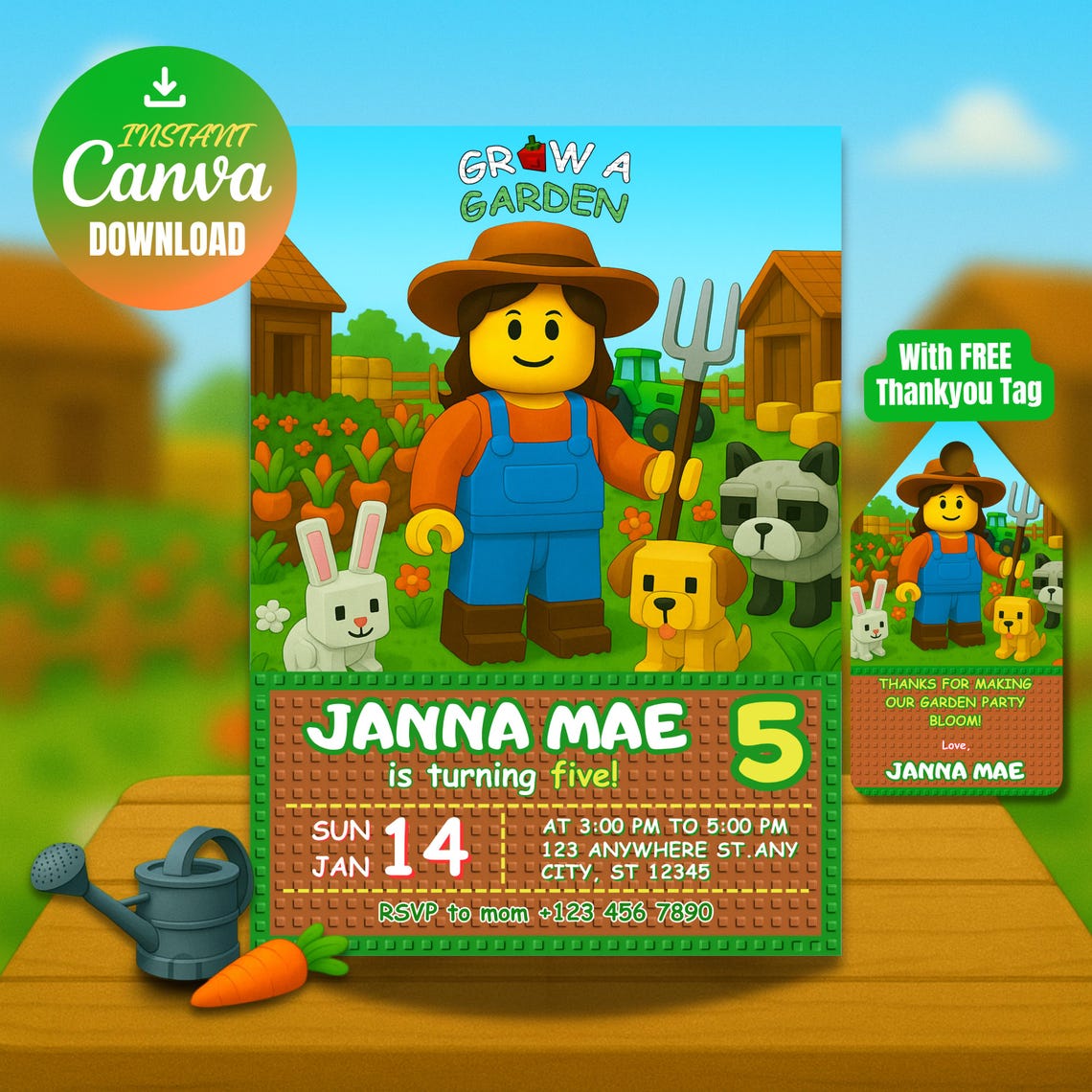 Editable Roblox Grow a Garden Birthday Invitation for Girl, Farm Theme ...