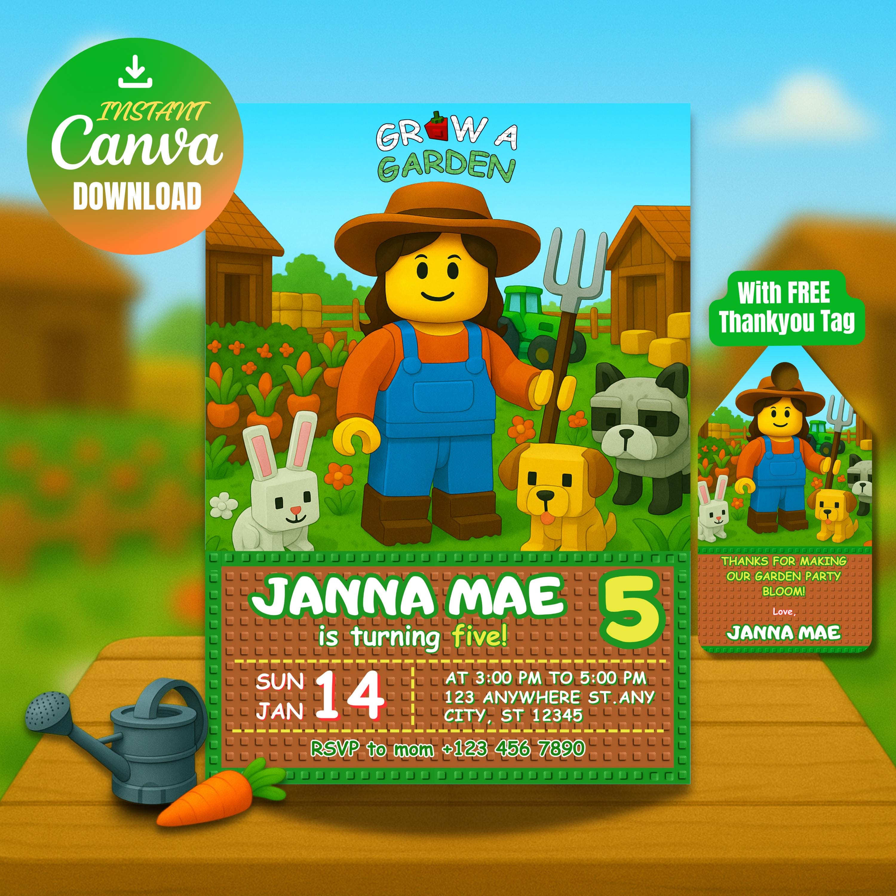 Editable Roblox Grow a Garden Birthday Invitation for Girl, Farm Theme ...
