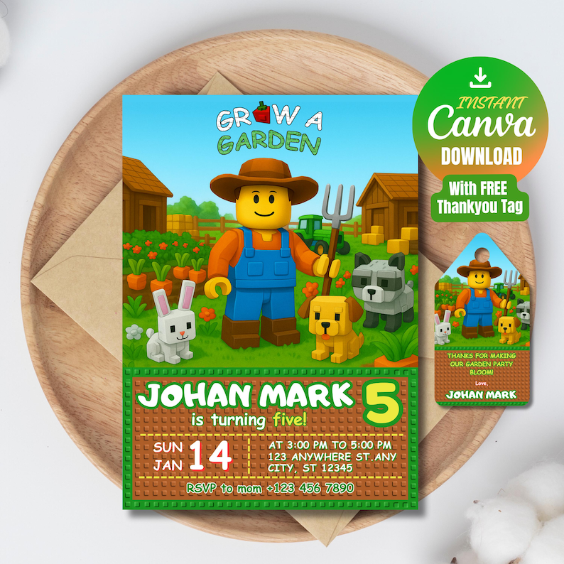 Editable Roblox Grow a Garden Birthday Invitation for Boys, Farm Theme ...
