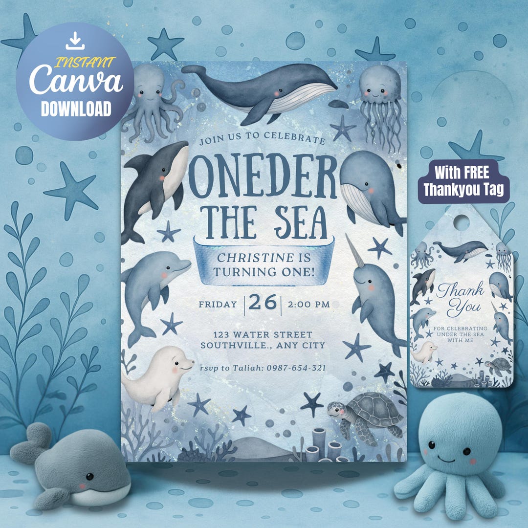 Oneder the Sea 1st Birthday Invitation, Ocean Animals, Editable ...