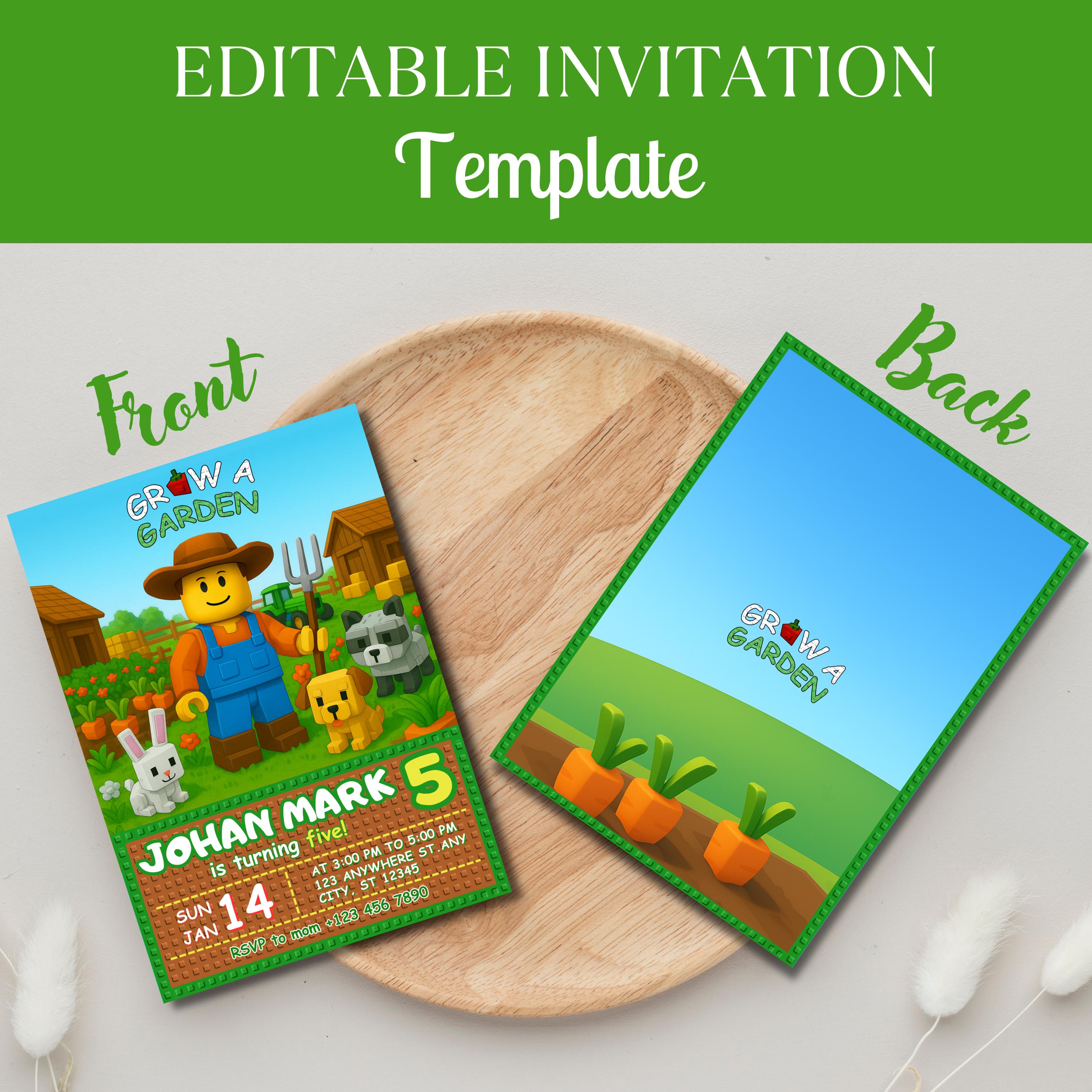 Editable Roblox Grow a Garden Birthday Invitation for Boys, Farm Theme ...