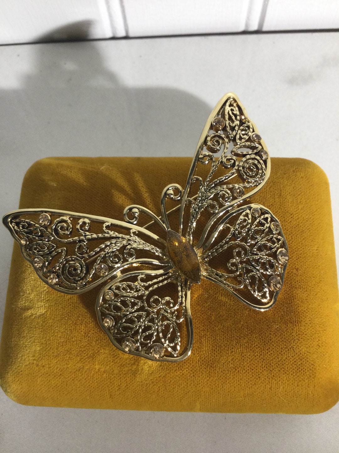 Gorgeous MONET Butterfly Brooch Pin Gold Plated Rhinestones and Topaz ...