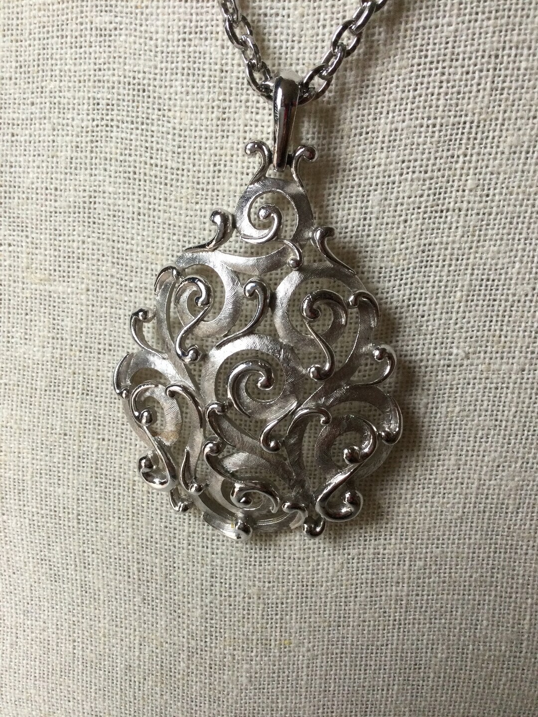 TRIFARI Pendant Necklace Satin and Shiny Silvertone Scrollwork - Etsy