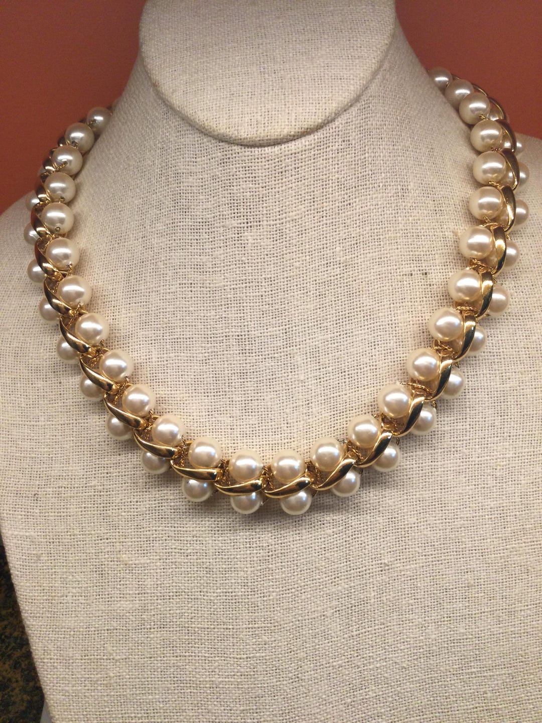 Vintage NAPIER Faux Pearl Double Row Necklace With Gold Plated Links ...