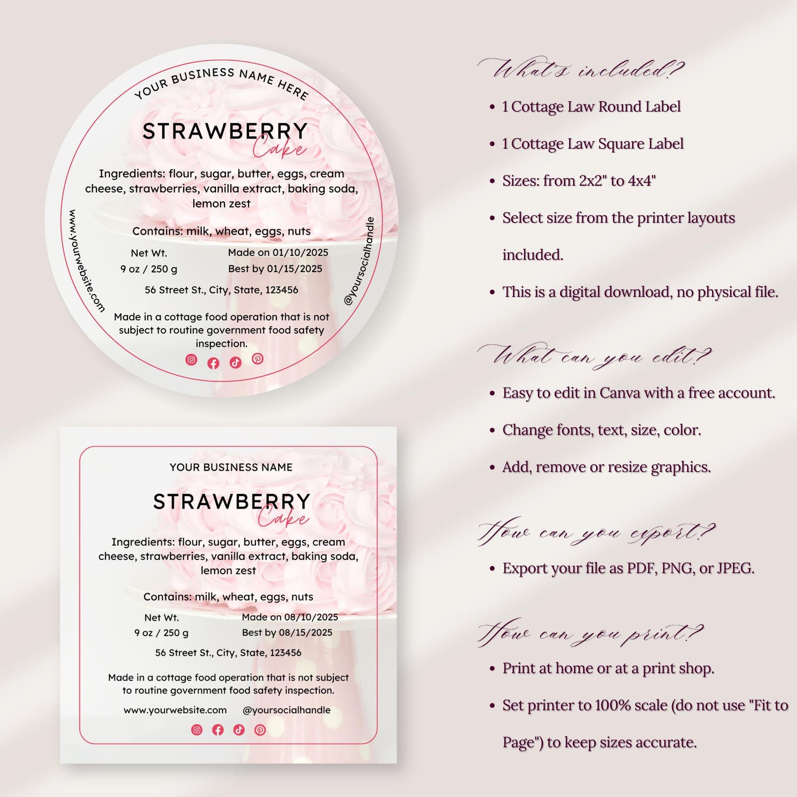 Cottage Law Bakery Labels, Round & Square, Cake Ingredients Stickers ...