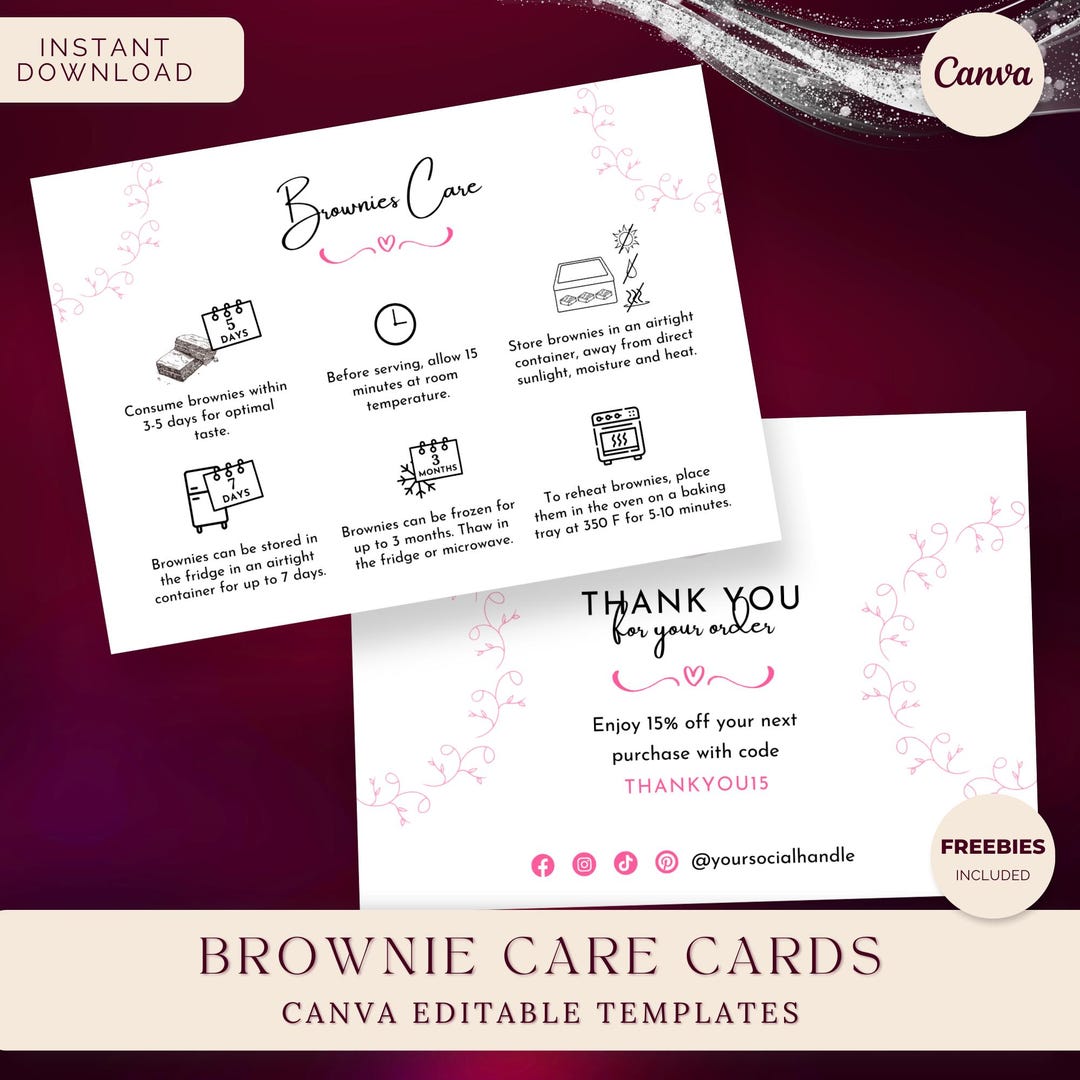 Brownie Care Cards, Storing & Serving Guide, Bakery Printable ...