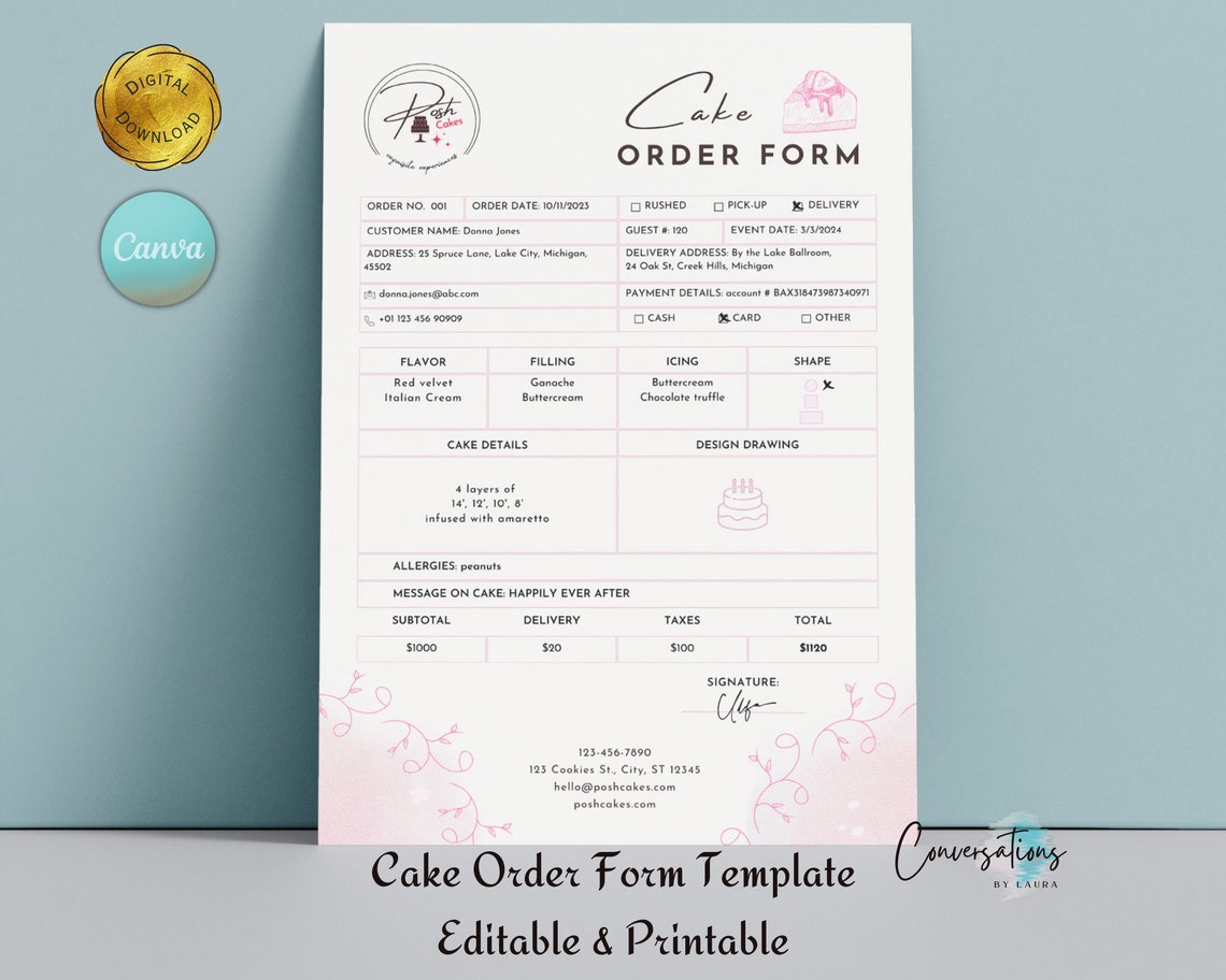 Cake Order Form Editable Canva Template Deluxe Bakery Collection Cake ...