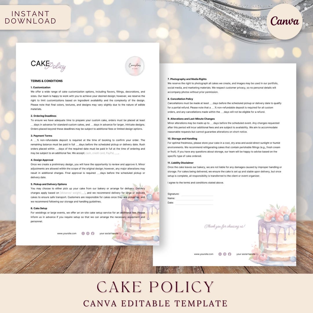 Cake Policy, Bakery Terms & Conditions, Cake Contract, Cake Agreement ...