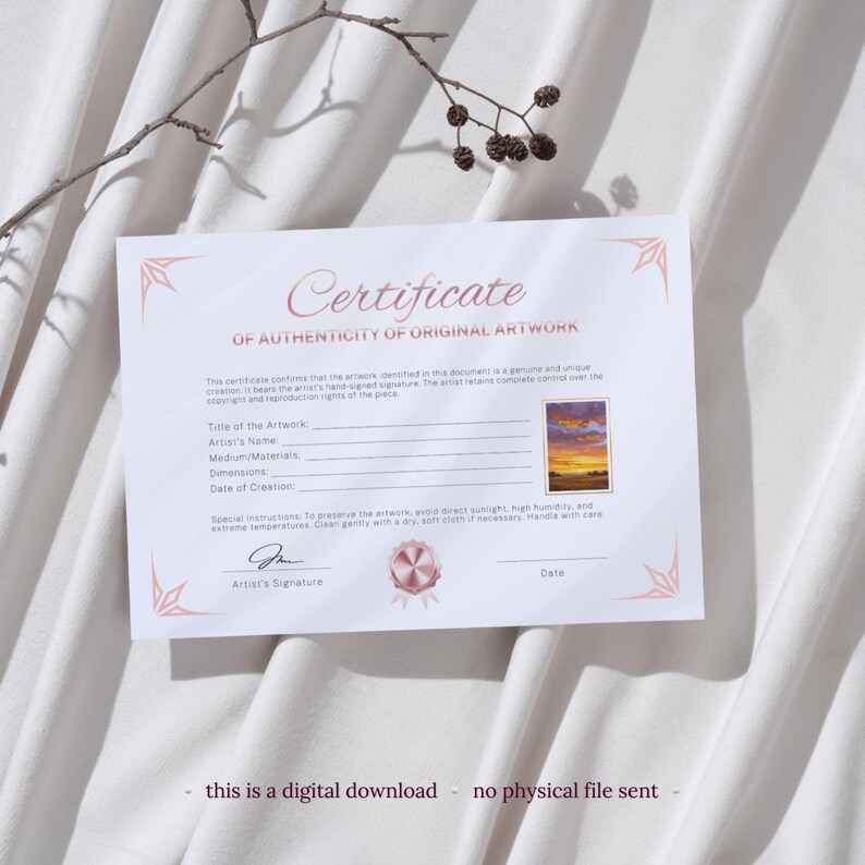 Artist COA Template, Art Provenance Certificate, Original Artwork ...