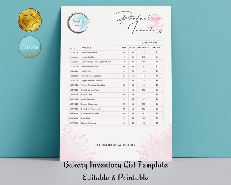 Inventory List Editable Canva Template Deluxe Bakery Collection Cake ...