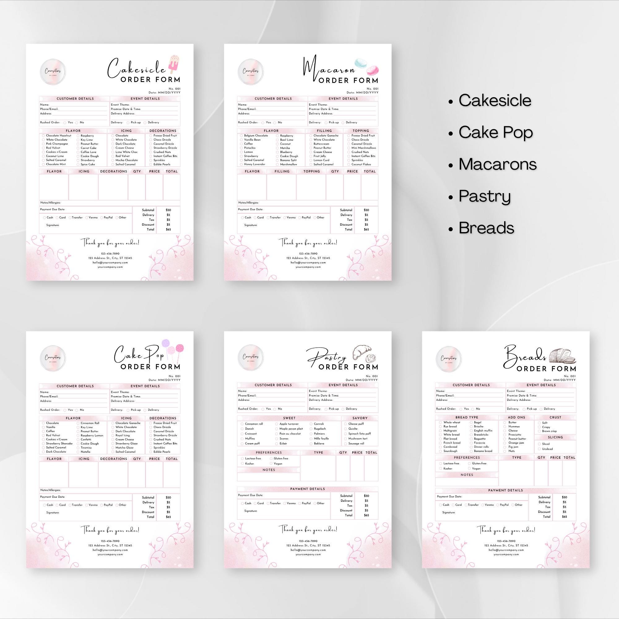 Bakery Order Forms, Baked Goods Custom Order Forms for Cake Business ...