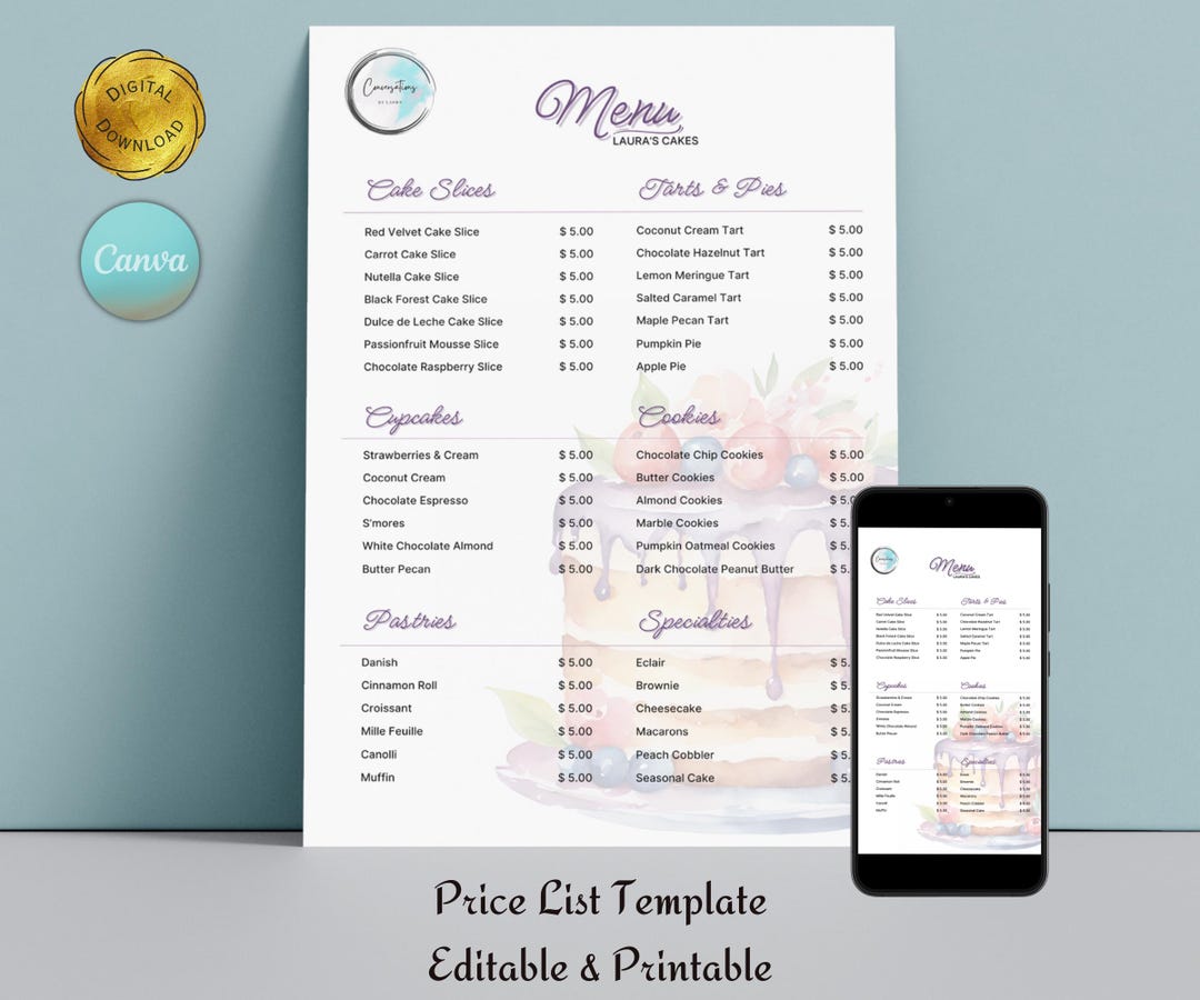 Cake Shop Price List Editable Canva Template Watercolor Menu, Pricing ...