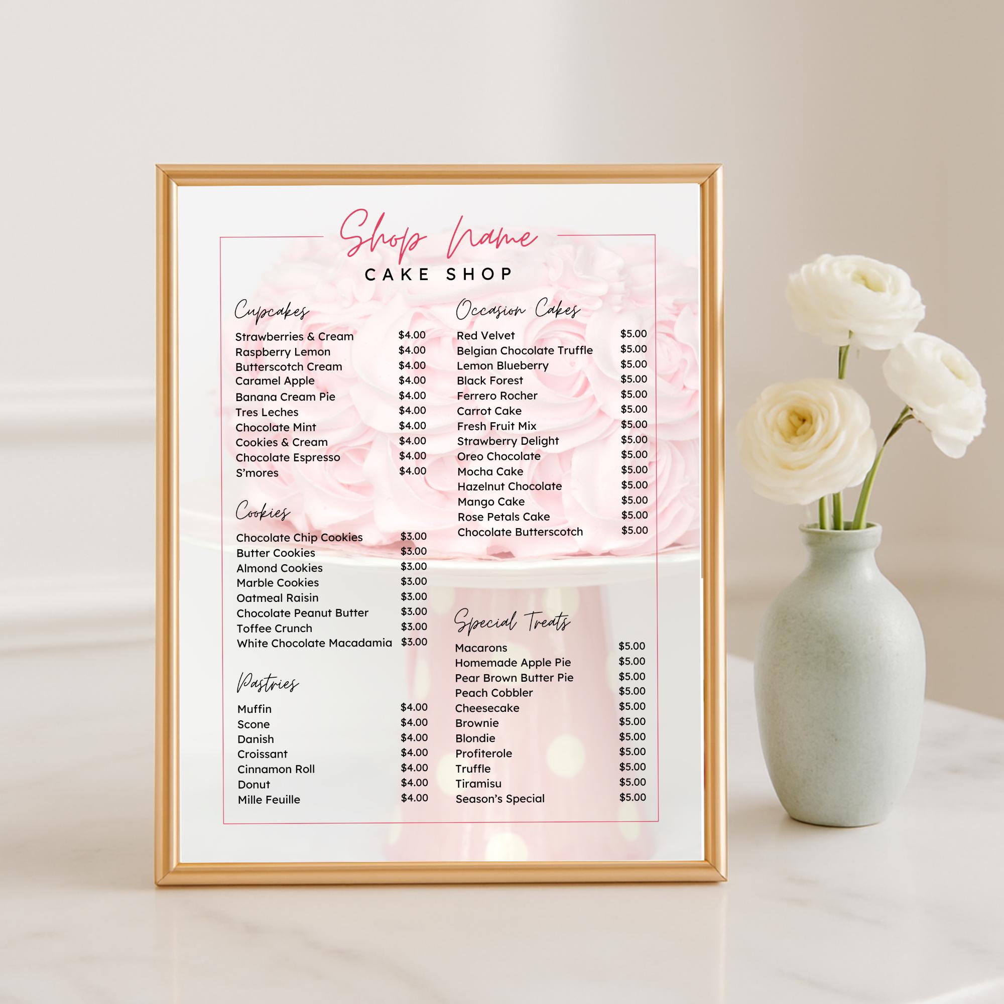 Cake Shop Price Lists, Bakery Menu, Instant Download Editable Canva ...