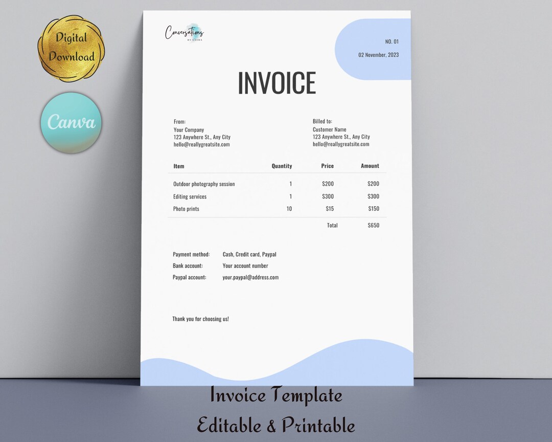 Invoice Editable Canva Template Freelance Small Business Instant ...