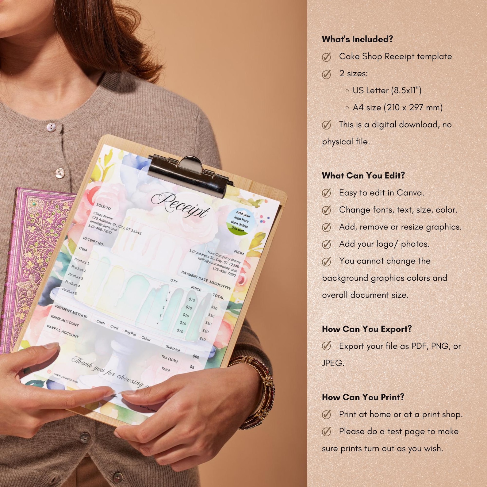 Cake Shop Receipt Editable Canva Template | Bakery Receipt | Cake Shop ...