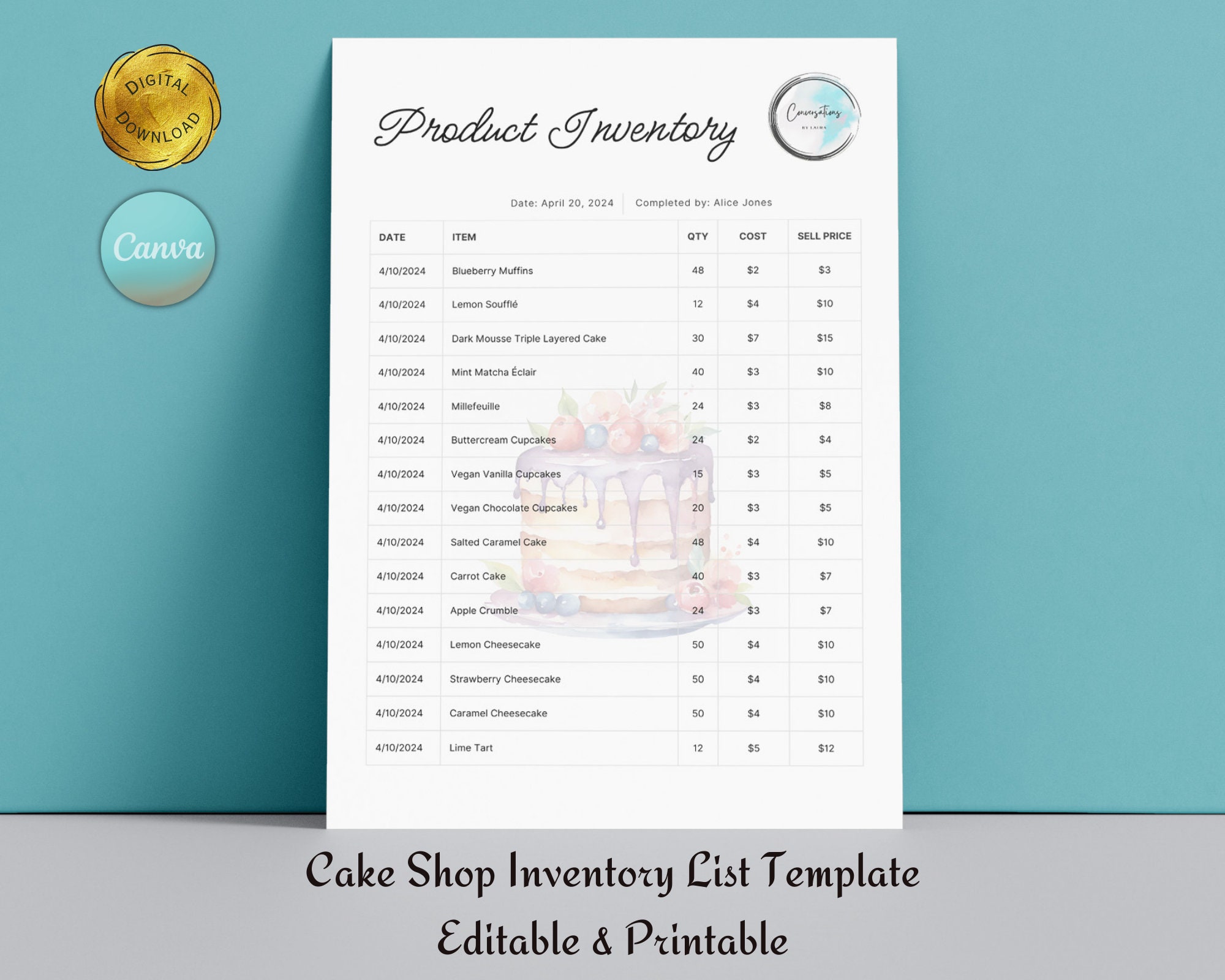 Lista de inventario Plantilla Canva editable / Acuarela / Panadería ...