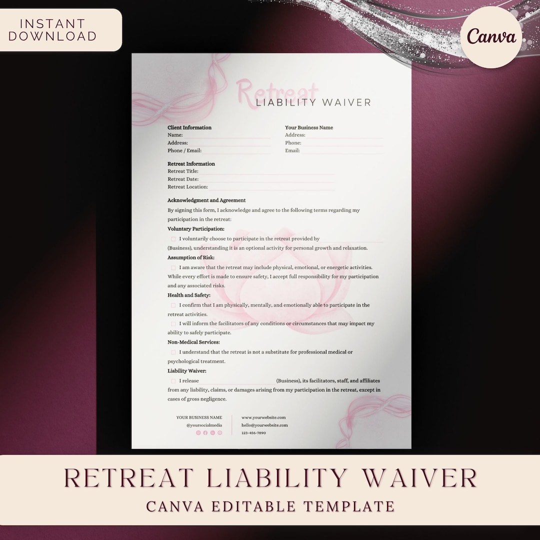 Retreat Liability Waiver, Release of Liability, Yoga, Wellness Event ...