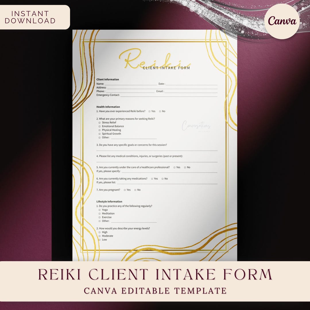 Reiki Client Intake Form, Reiki Client Onboarding, Reiki Practitioner ...