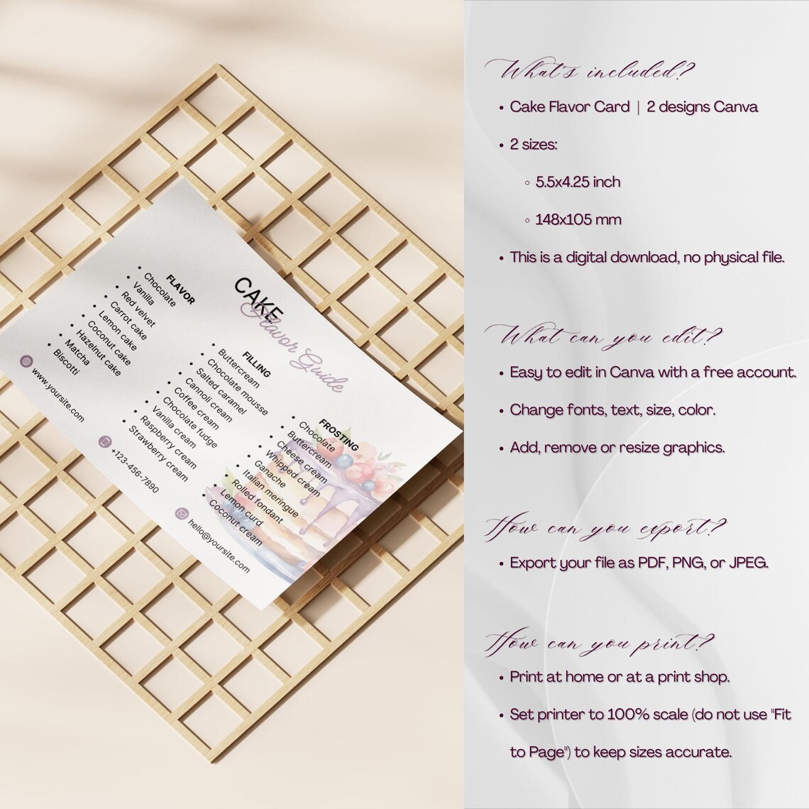 Cake Flavor Guide, Cake Consultation, Cake Tasting Card, Bakery, Cake ...