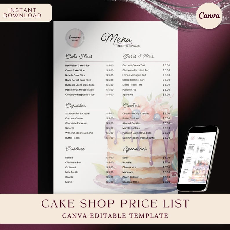 Cake Shop Price List, Cake Menu, Instagram Story Price List, Bakery ...